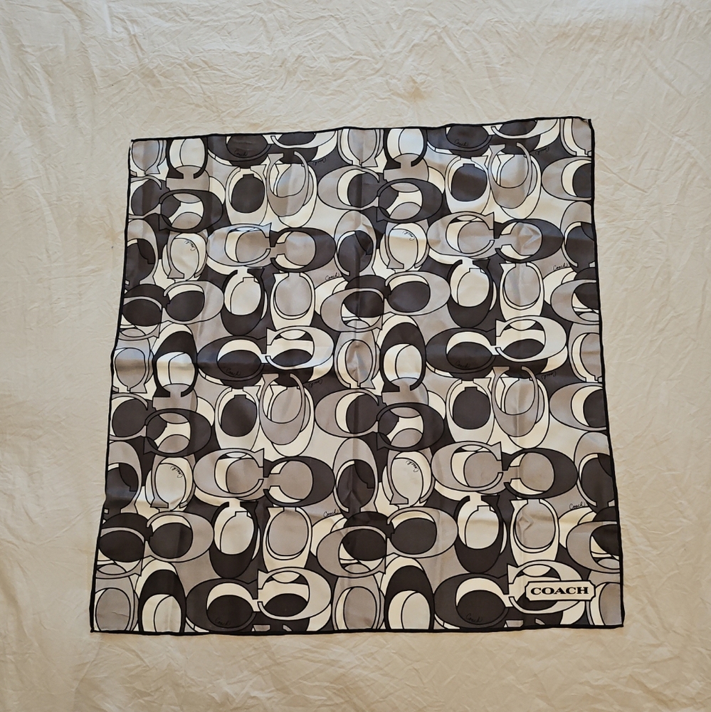Coach Gray Silk Square Scarf Logo Print - Gem